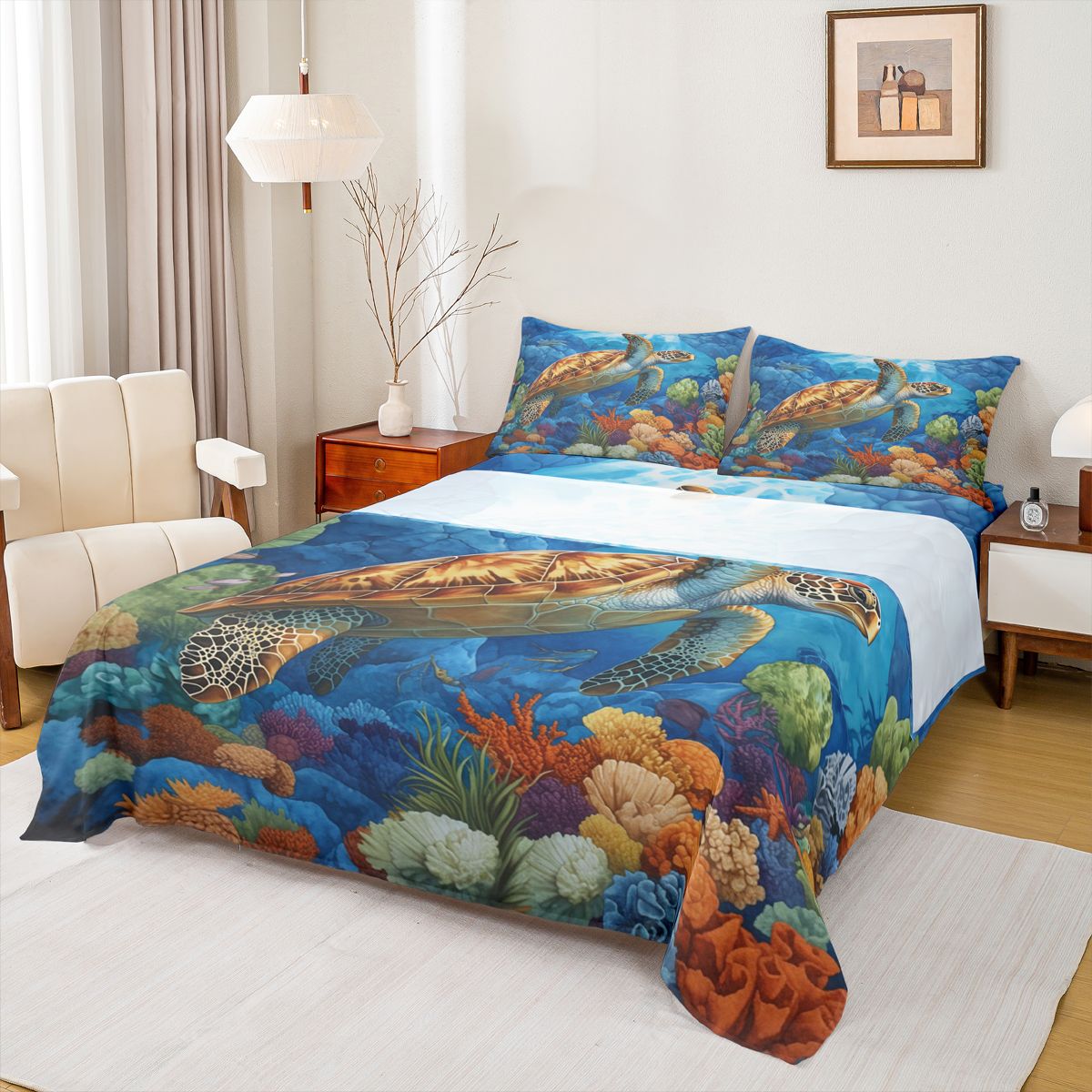 Feelyou Kawaii Sea Turtle Full Size Sheets for Teen, Marine Coral Bed ...