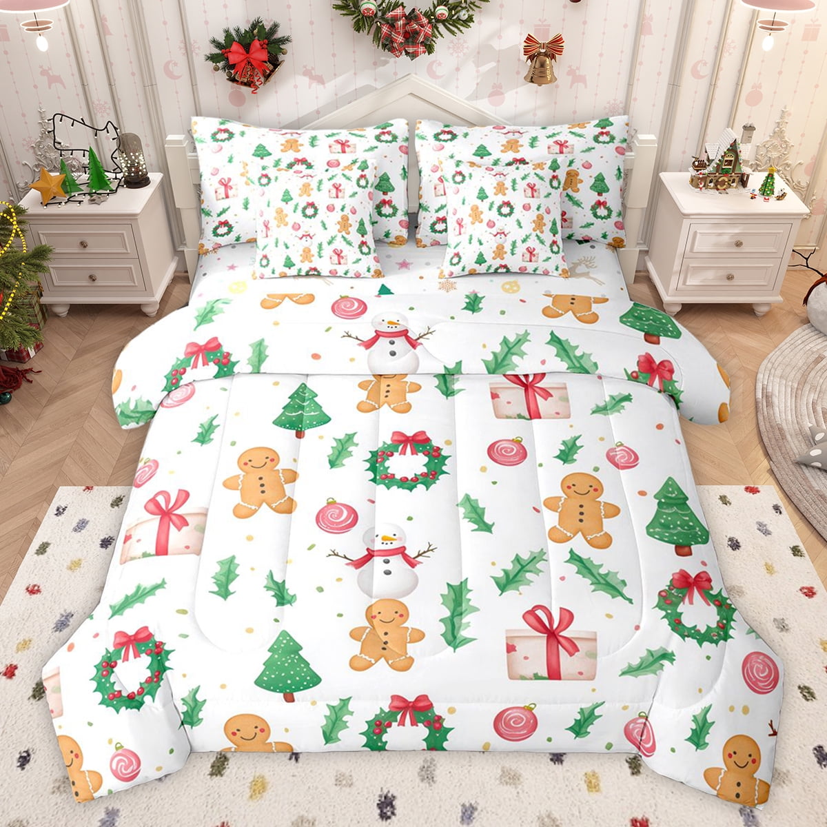 Feelyou Kawaii Snowman 7pcs Queen Bedding Set, Christmas Gingerbread ...