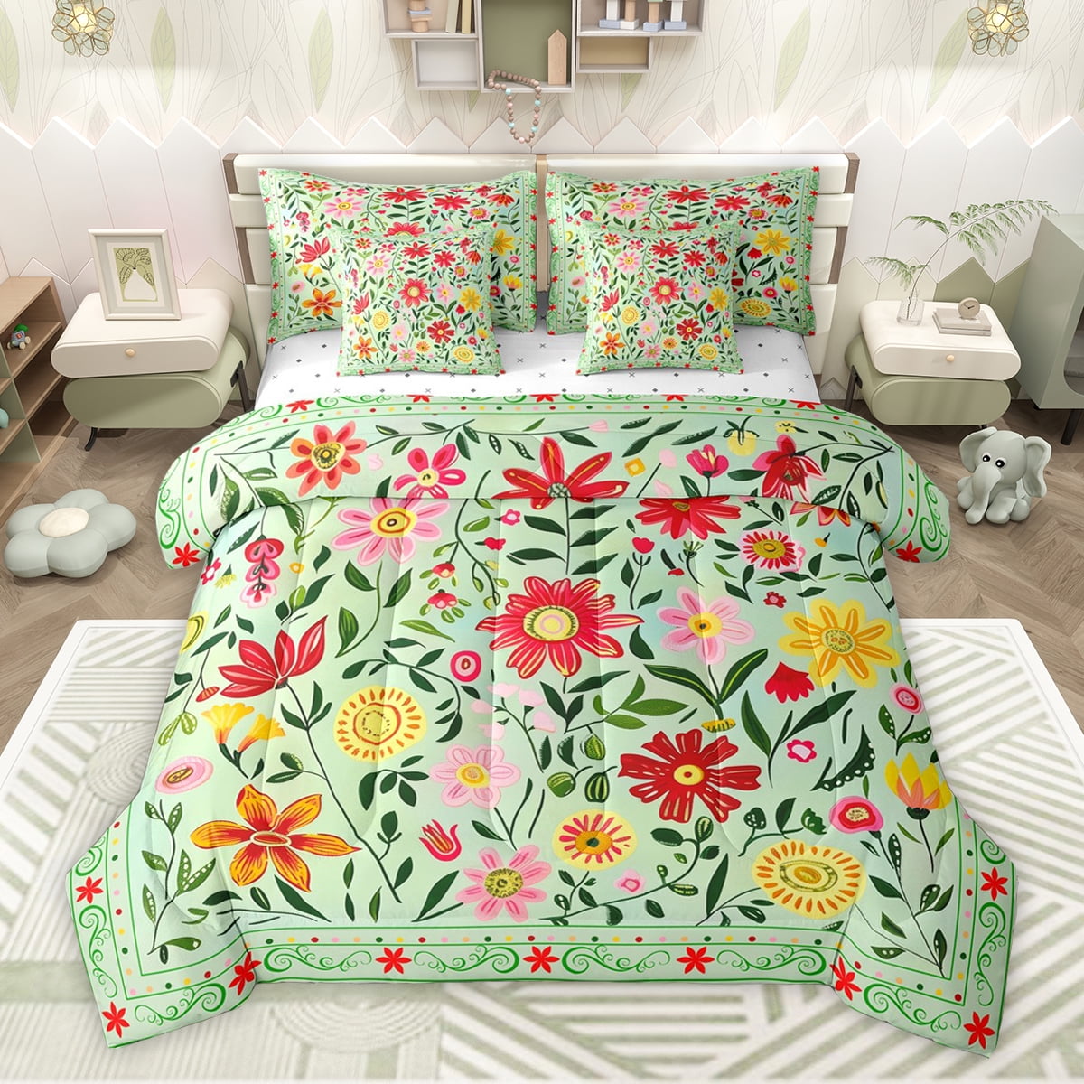 Feelyou Kawaii Spring Floral Bedding Comforter Set 7pcs, Rustic Vibrant ...
