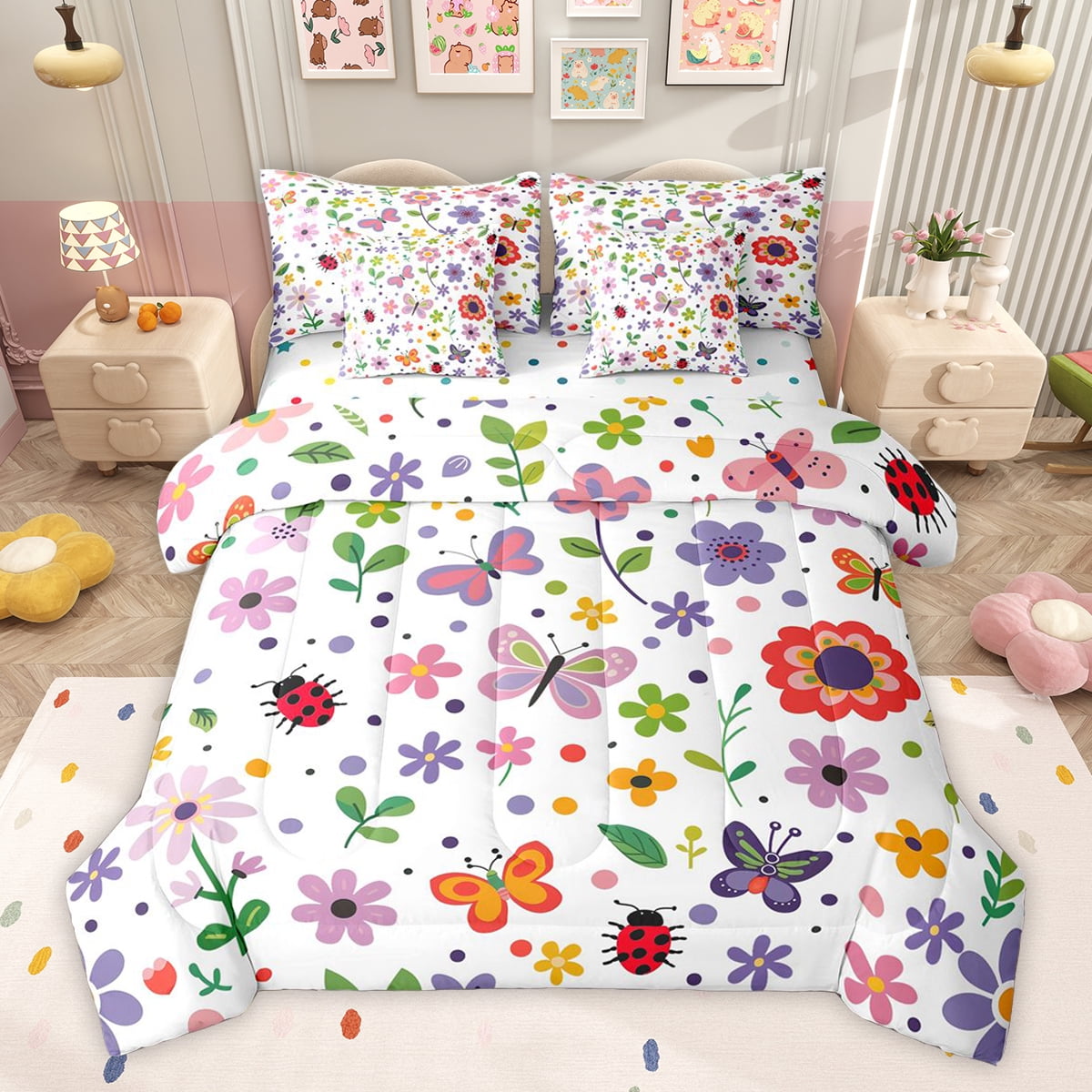 Feelyou Kawaii Spring Flower Bedding Comforter Set 7pcs, Cute Butterfly ...