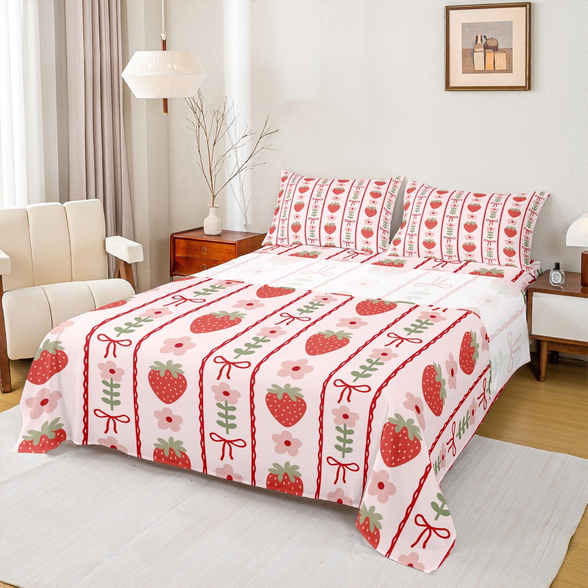 Feelyou Kawaii Strawberry Bed Sheets, Girls Red Bow Knot King Sheets ...