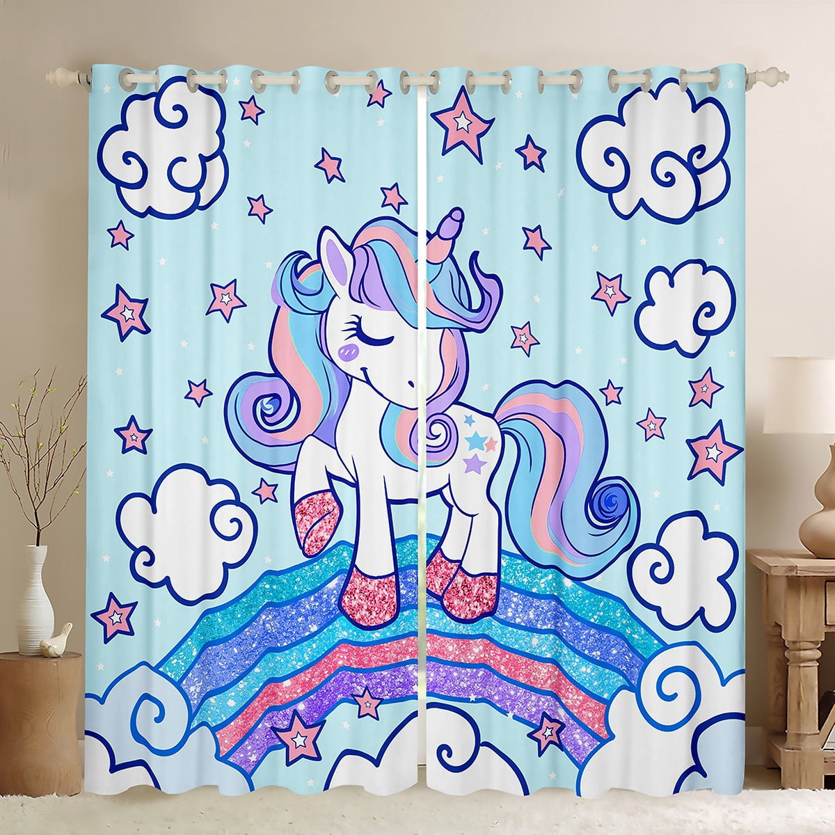 Feelyou Kawaii Unicorn Curtains and Drapes for Girls, Cartoon Star ...