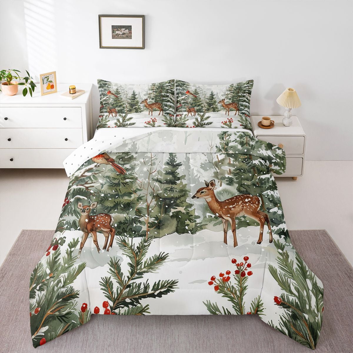Feelyou Kawaii Winter Deer Queen Comforter Set for Kids, Christmas Leaf ...