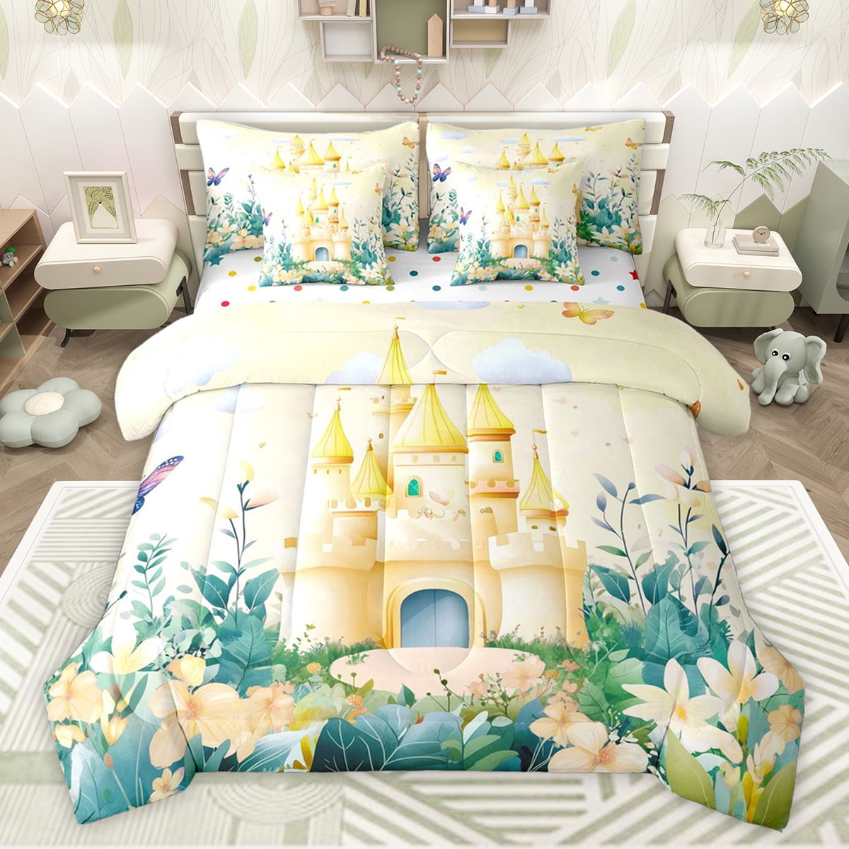 Feelyou Kawaii Yellow Castle Twin Bedding Sets 7-Piece for Girl, Dreamy ...