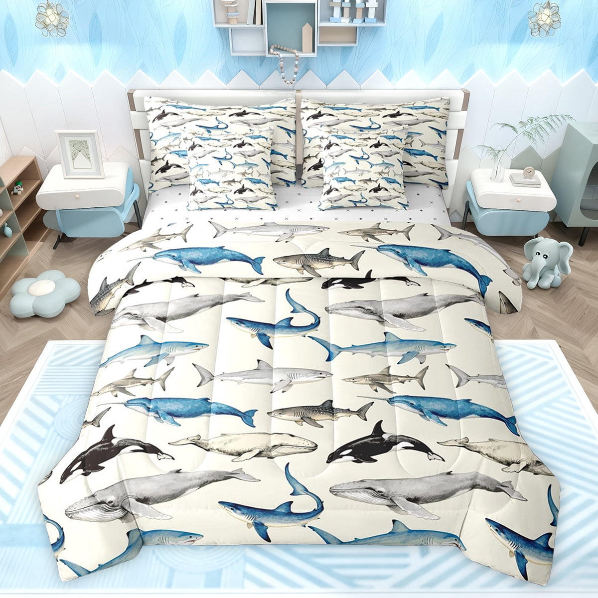 Feelyou Kid Marine Shark Bedding Comforter Set 7pcs, Ocean Animal Theme ...
