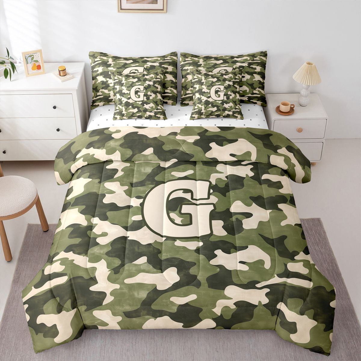 Feelyou Kid Monogrammed G Bedding Comforter Set 7pcs, Kawaii Green Camo ...