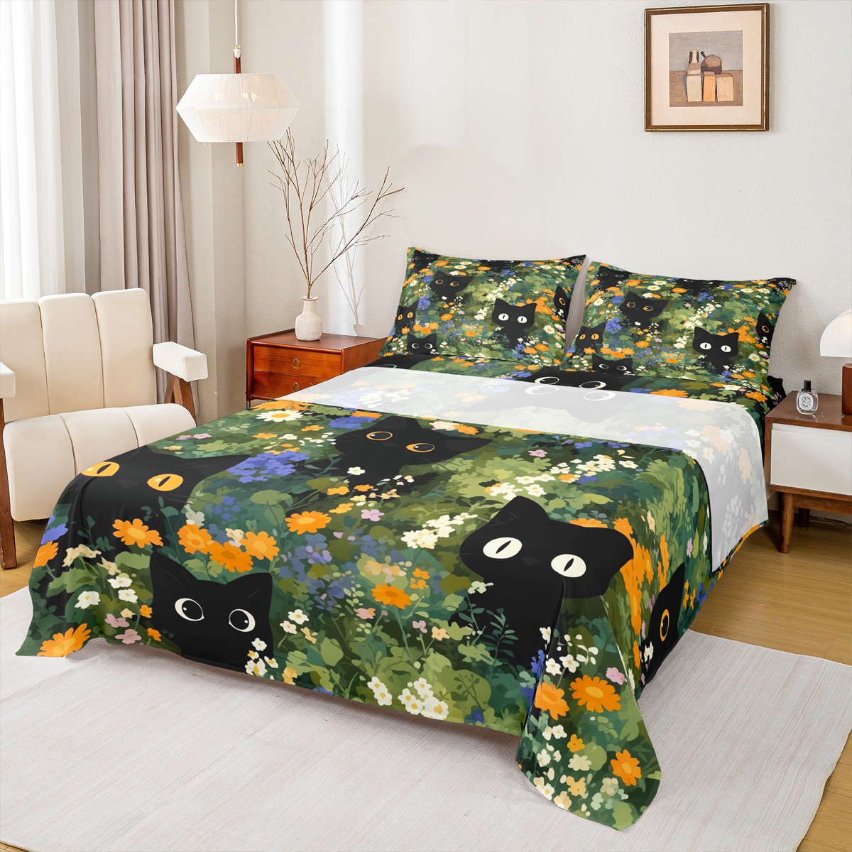 Feelyou Kids Black Cat Full Size Sheets, White Orange Floral Bed Sheets ...