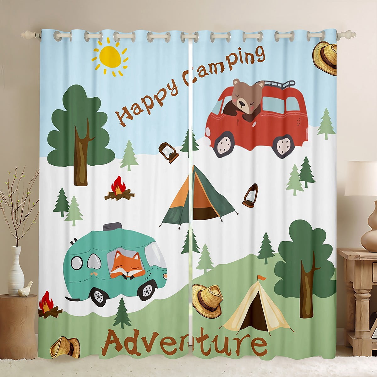 Feelyou Kids Happy Camping Adventure Curtains and Drapes, Cartoon RV ...