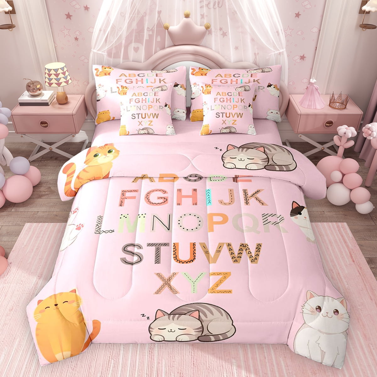 Feelyou Kids Initial Letter Bedding Comforter Set 7pcs, Cute Cat Kitten ...