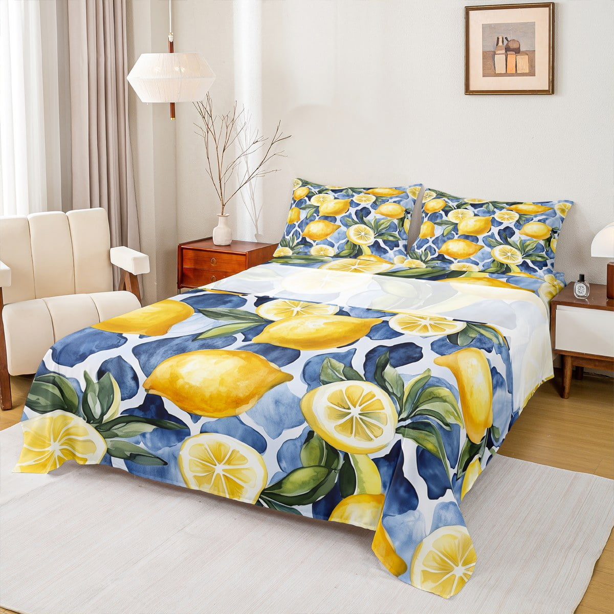 Feelyou Kids Lemon Fruit Full Size Sheets, Rustic Leaf Botanical Bed ...