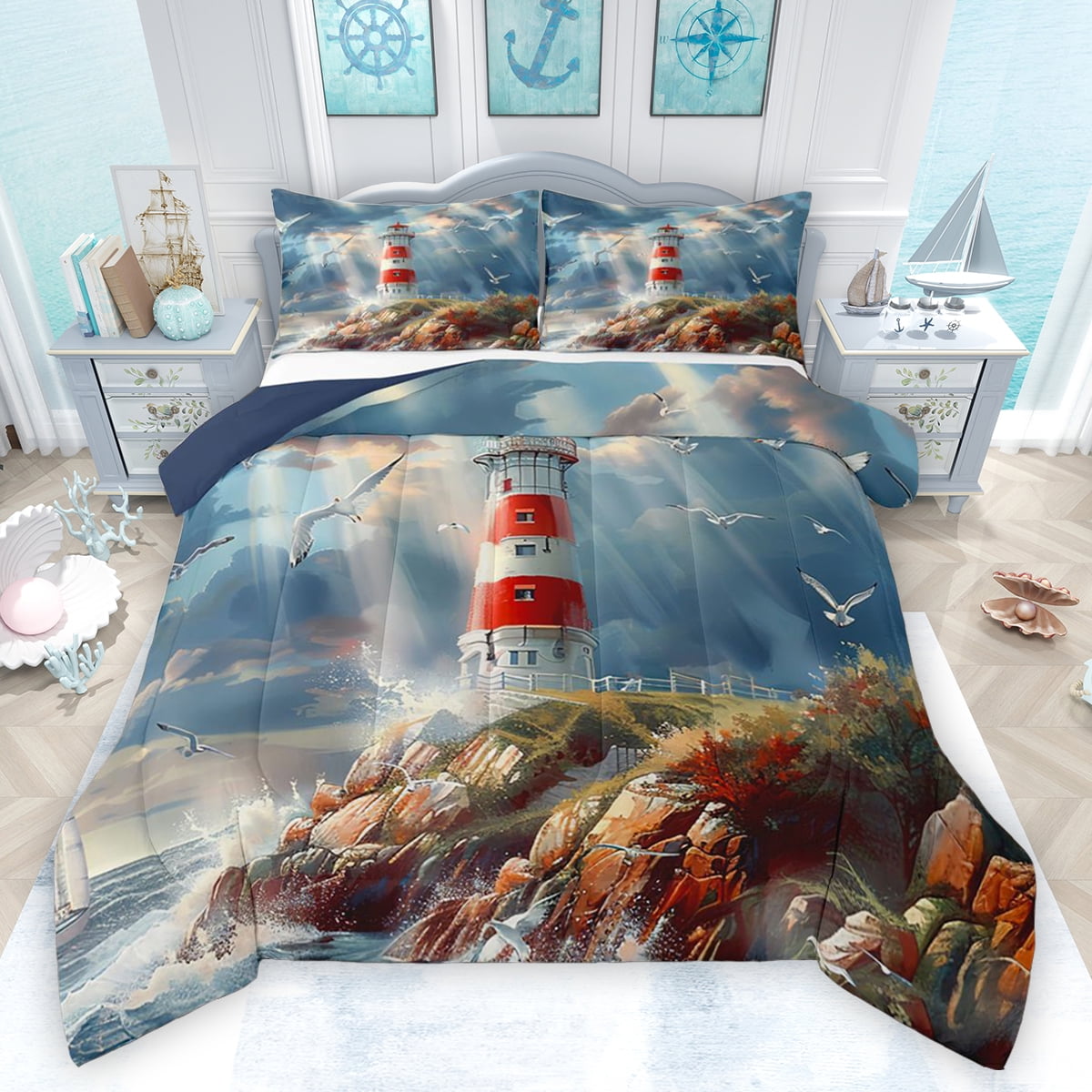 Feelyou Kids Ocean Lighthouse Bedding Comforter Set, Cartoon Seagull ...