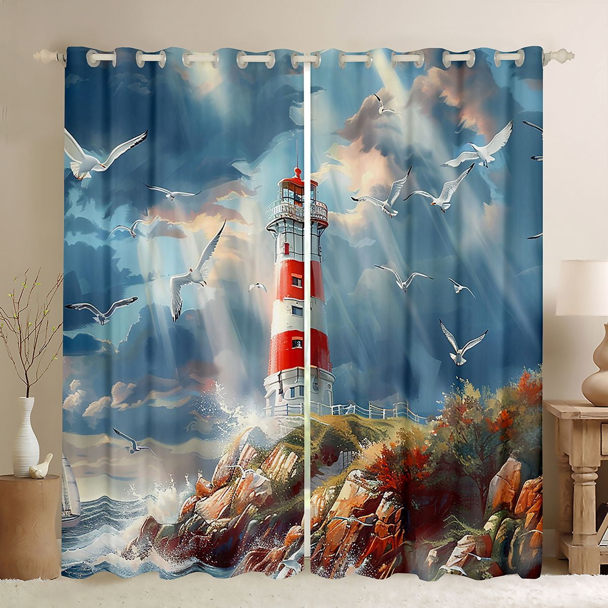 Feelyou Kids Ocean Lighthouse Blackout Curtains Set of 2 (52x84 Each ...