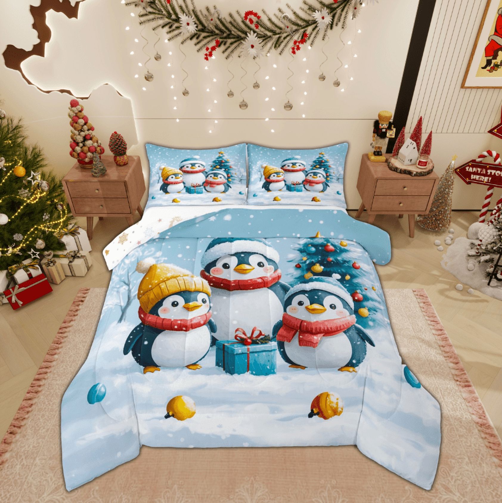Feelyou Kids Xmas Penguin Queen Comforter Set, Kawaii Christmas Tree ...