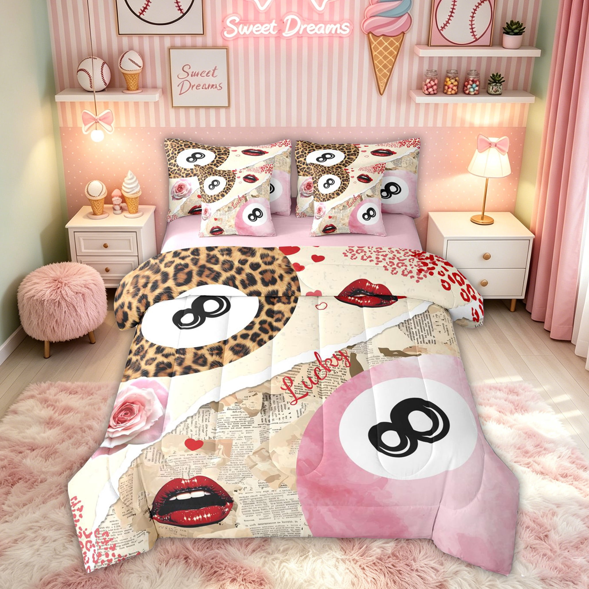 Feelyou Leopard Print 8 Ball Rose Full Size Bedding Sets for Girls ...