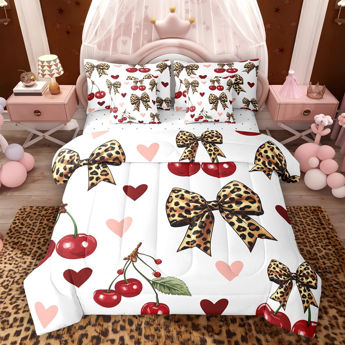 Feelyou Leopard Print Bowknot Comforter Set 7pcs, Cherry Love Heart ...