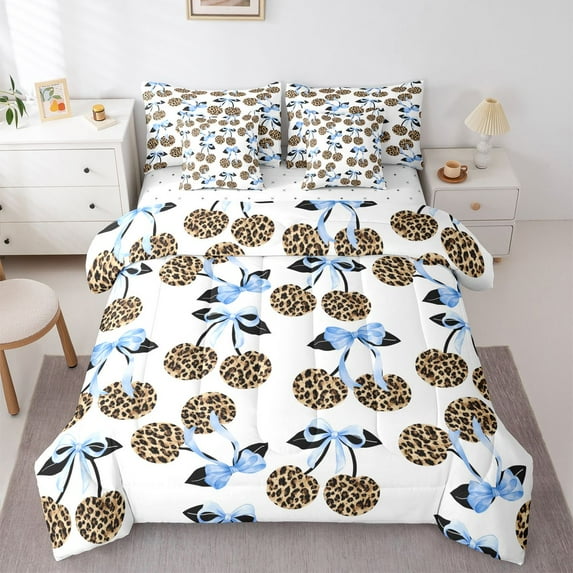 Feelyou Leopard Print Cherry Comforter Set 7pcs, Fashion Blue Bowknot ...