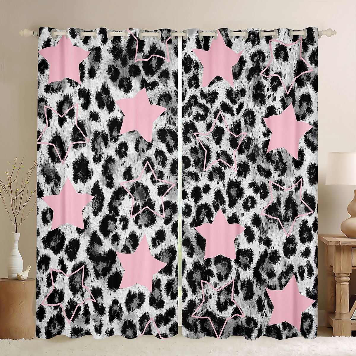 Feelyou Leopard Print Curtains Pack of 2 (52x84 Each), Polkadots Stars ...