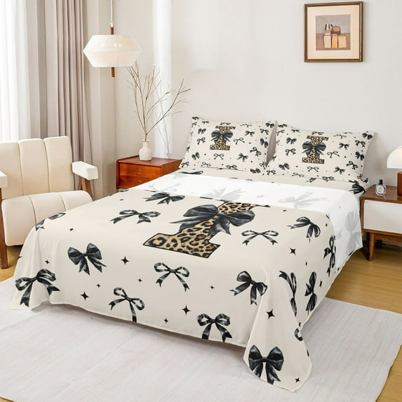 Feelyou Leopard Print Initial I Queen Sheet Sets, Black Bowknot Bed Set ...