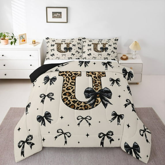 Feelyou Leopard Print Initial U Full Size Comforter Sets, Black Bowknot ...