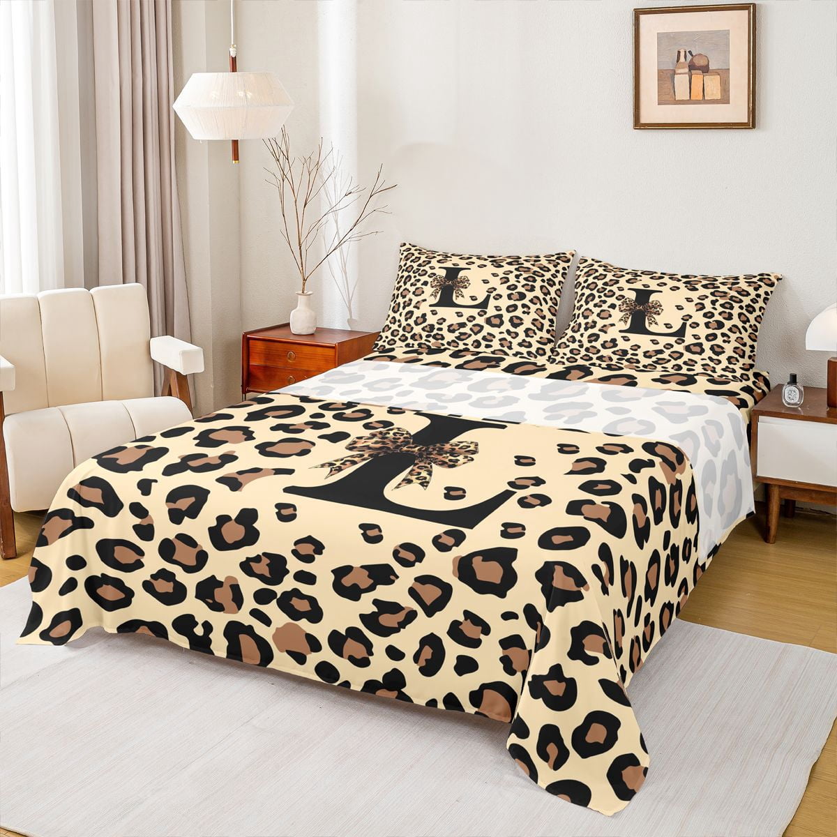 Feelyou Leopard Print Letter L King Sheets for Girls, Beige Black ...