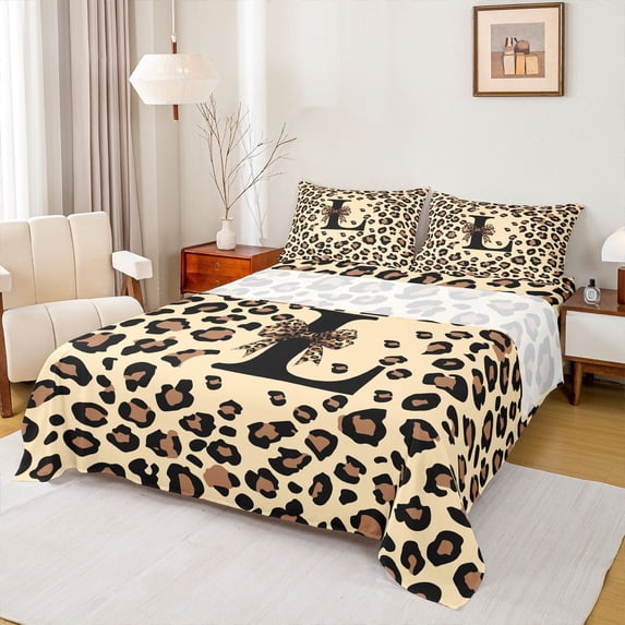 Feelyou Leopard Print Letter L King Sheets for Girls, Beige Black ...