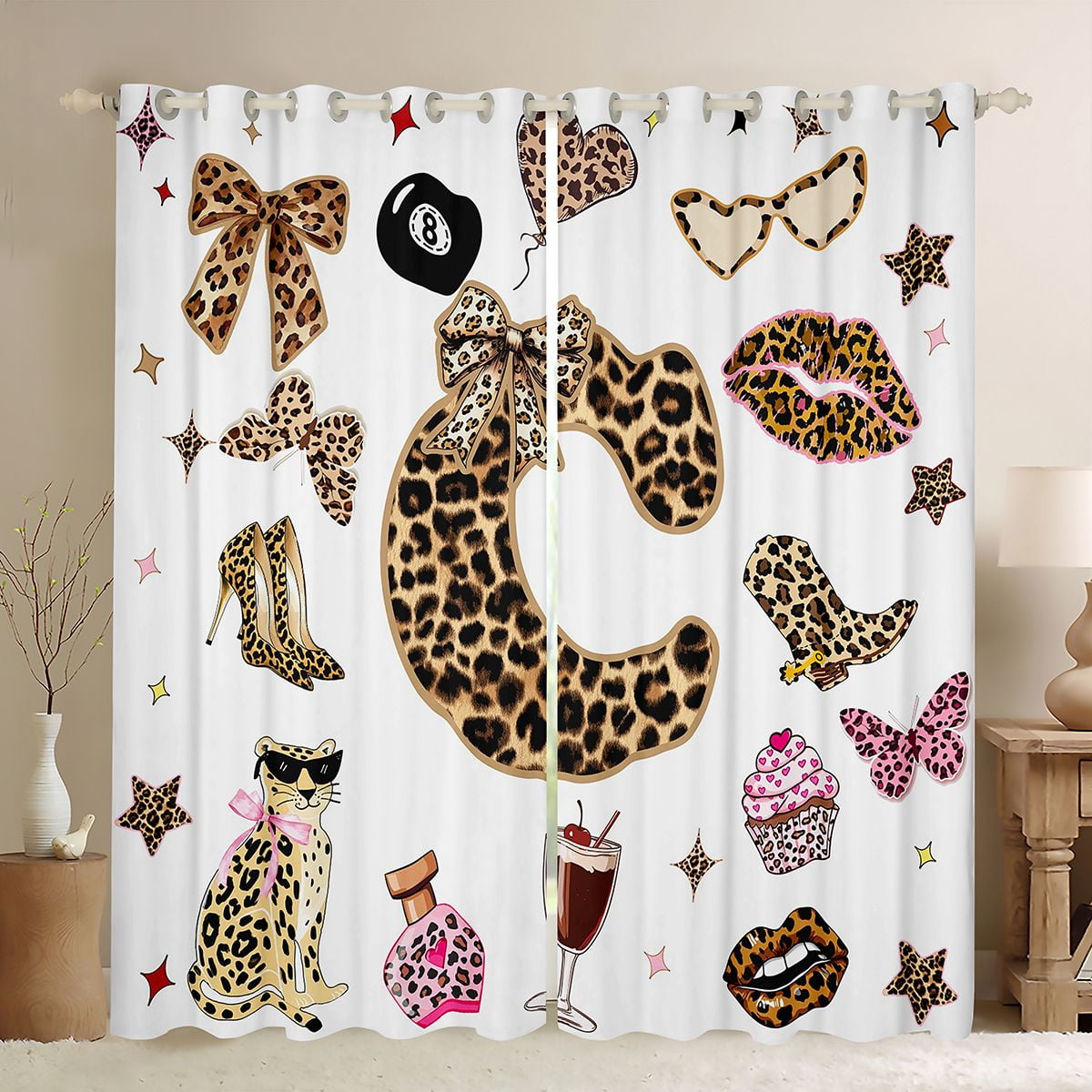 Feelyou Letter C Curtains Pack of 2 (42x84 Each), Cheetah Print Initial ...