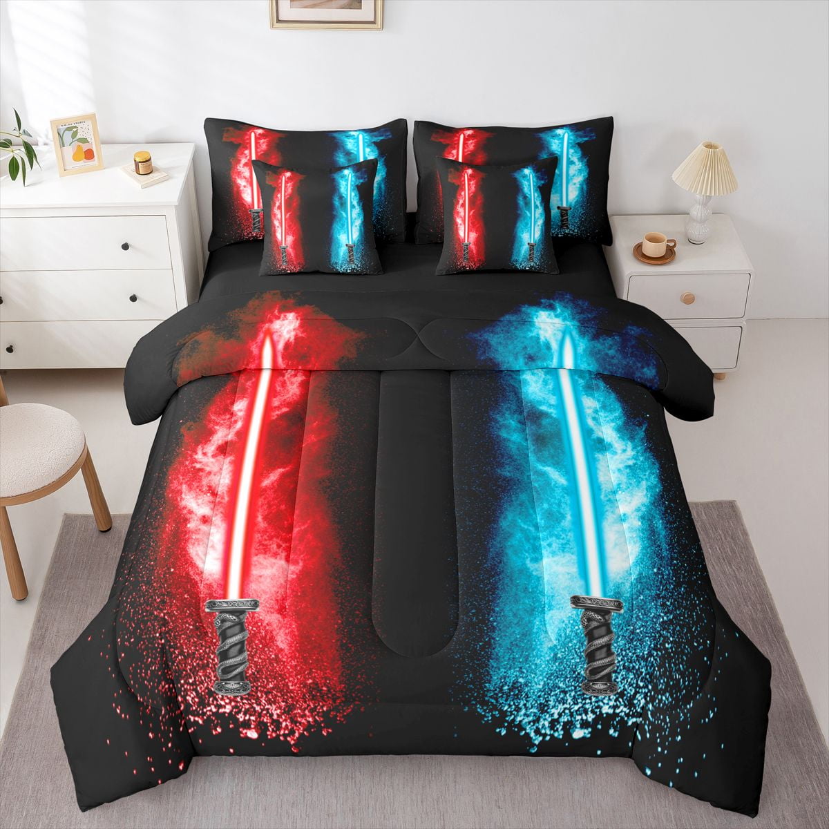 Feelyou Lightning Abstract Boy Comforter Set 7pcs, Red Blue Watercolor ...