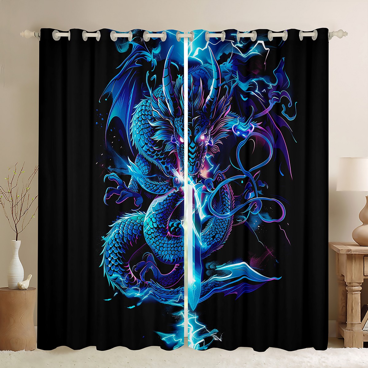 Feelyou Lightning Dragon Blackout Curtains Set of 2 (52x84 Each), Neon ...