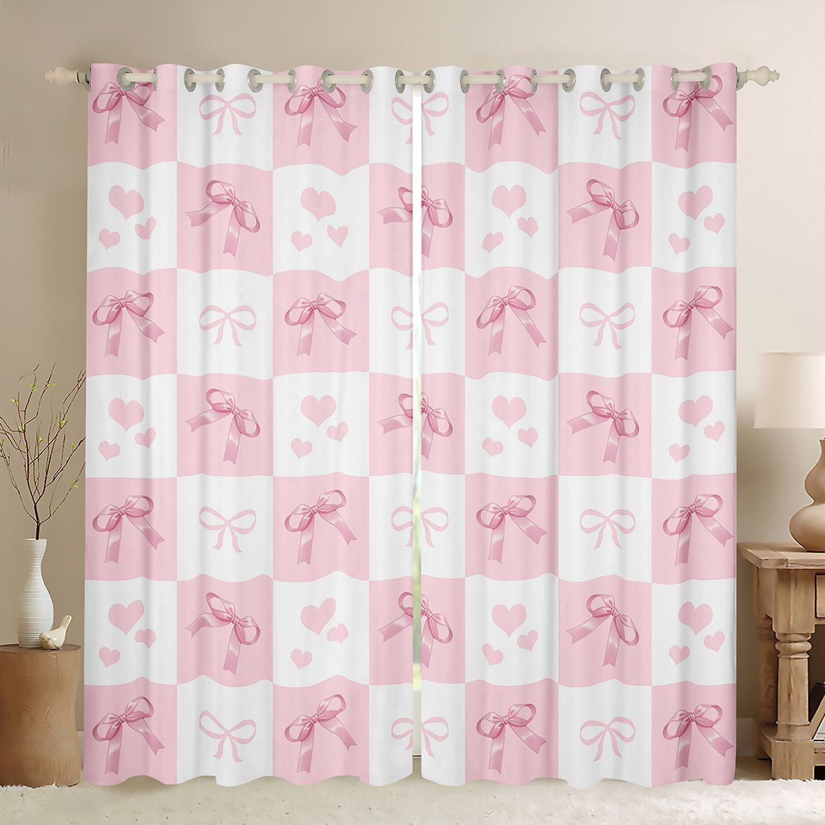 Feelyou Love Heart Bow Black Out Curtains, Pink Buffalo Curtains Pack ...