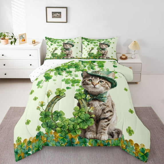 Feelyou Lucky Cat Animal Queen Comforter Set, Green Spring Shamrock ...