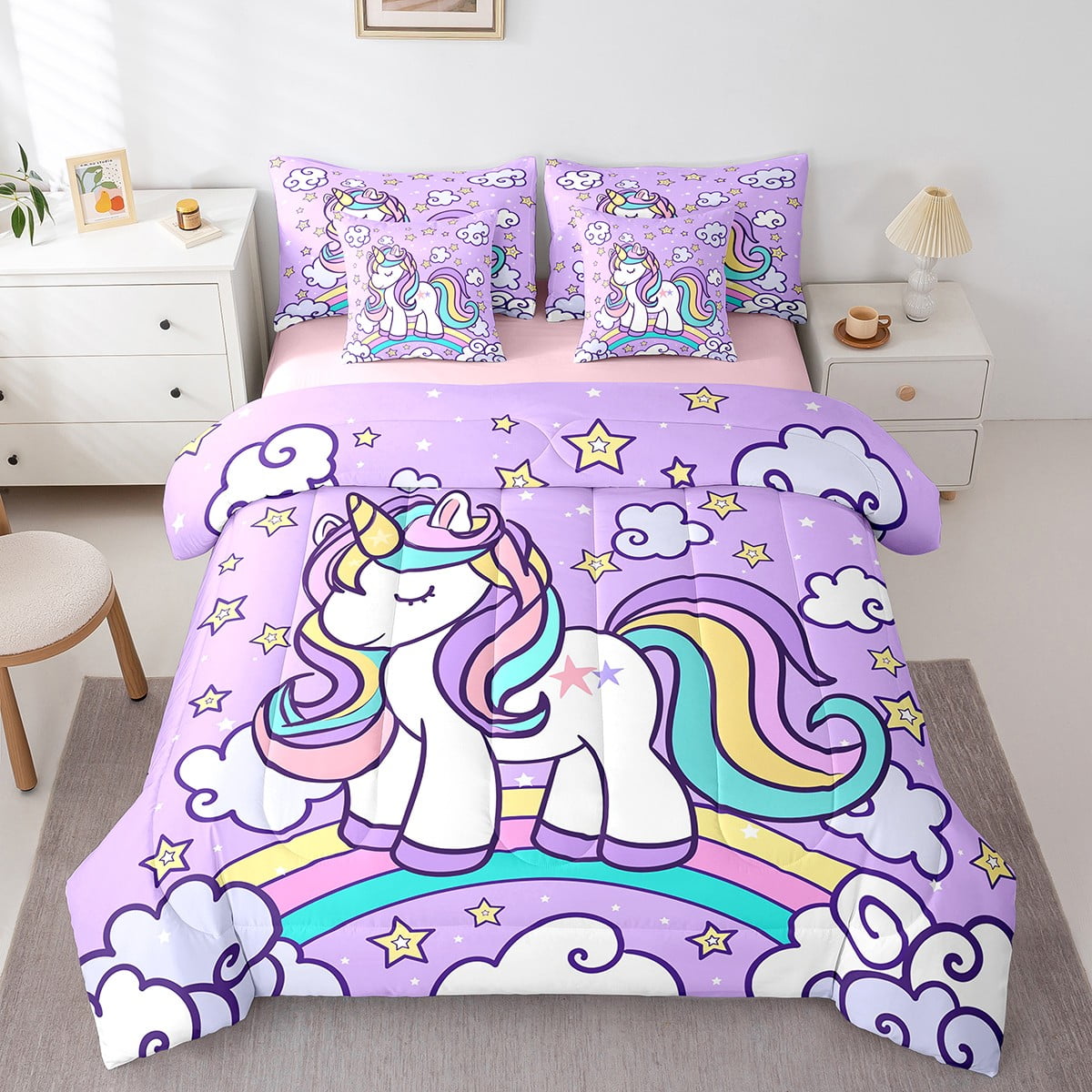 Feelyou Magic Purple Unicorn Bedding Comforter Set 7 Pieces for Kids ...