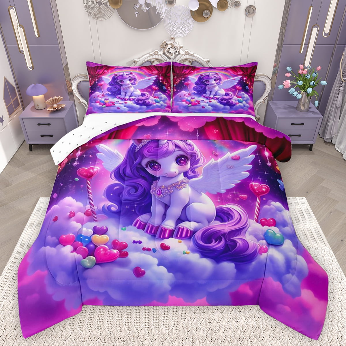 Feelyou Magic Unicorn Angel Bedding Comforter Set, Dreamy Cloud Rainbow ...
