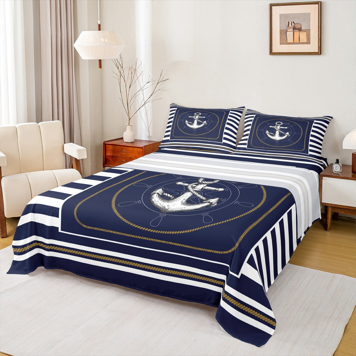 Feelyou Marine Nautical Sailboat Full Size Sheets, Navy Abstract Lines ...