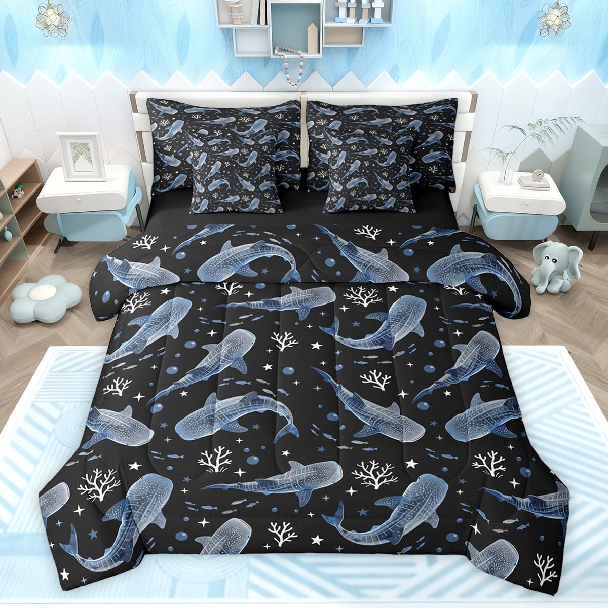 Feelyou Marine Shark Bedding Comforter Set 7pcs, Kawaii Coral Animal ...