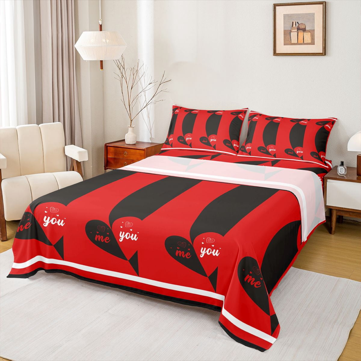 Feelyou Me and You Queen Sheet Sets, Black Red Love Heart Flat Sheet ...