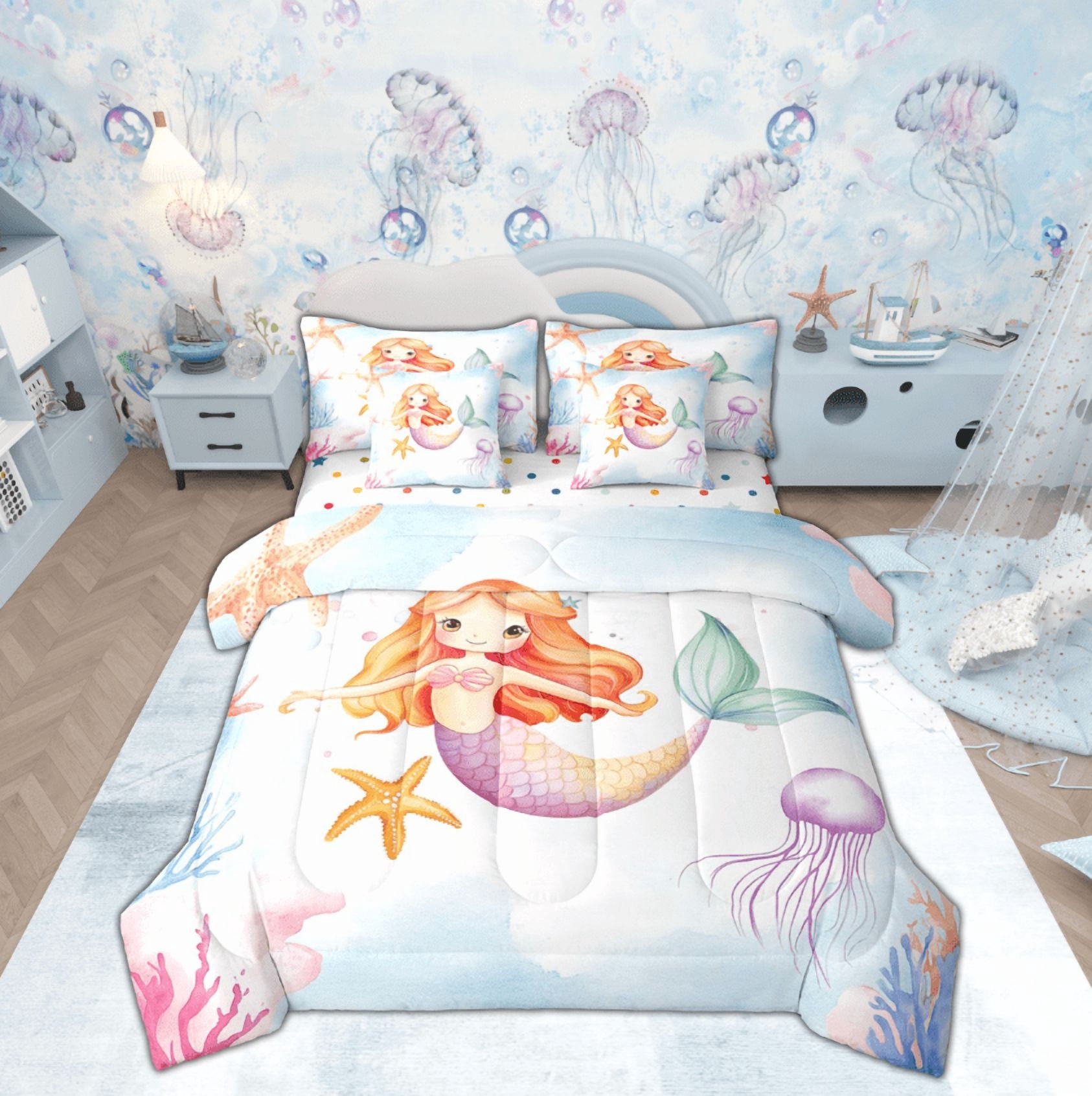 Feelyou Mermaid Princess Girls Bedding Comforter Set 7pcs, Jellyfish ...