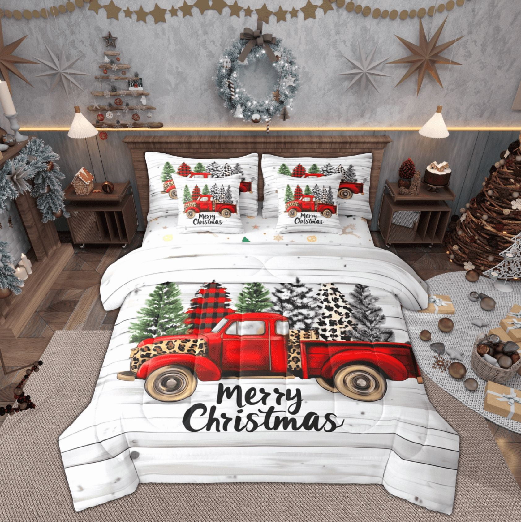 Feelyou Merry Christmas Bedding Comforter Set 7 Pieces, Red Truck Xmas ...