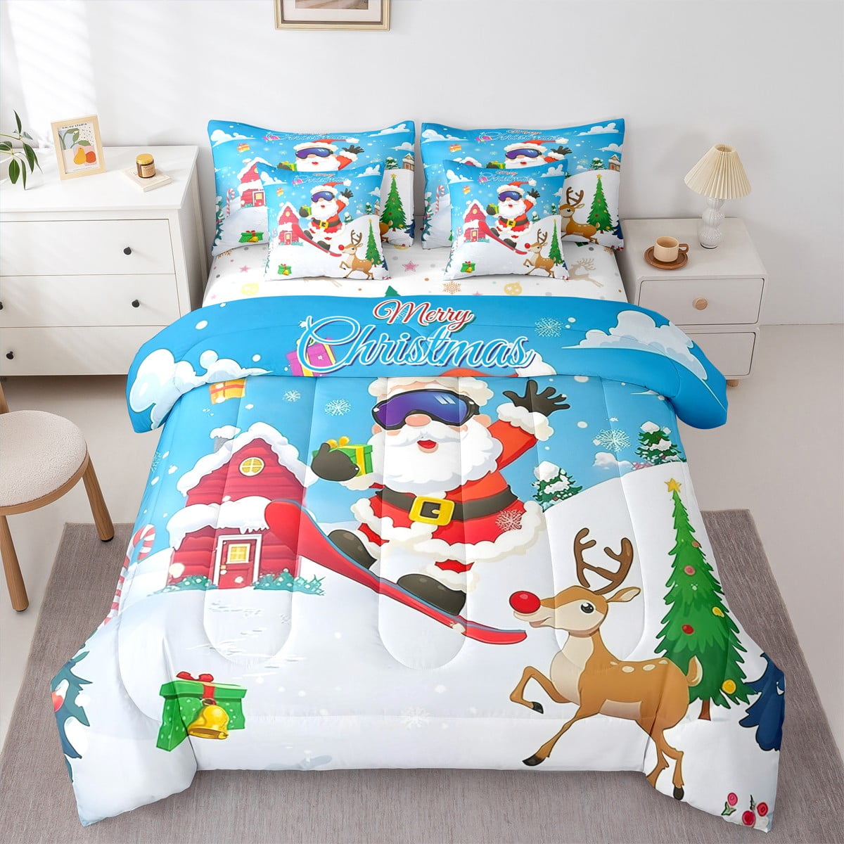 Feelyou Merry Christmas Child Bedding Comforter Set 7pcs, Skiing Santa ...