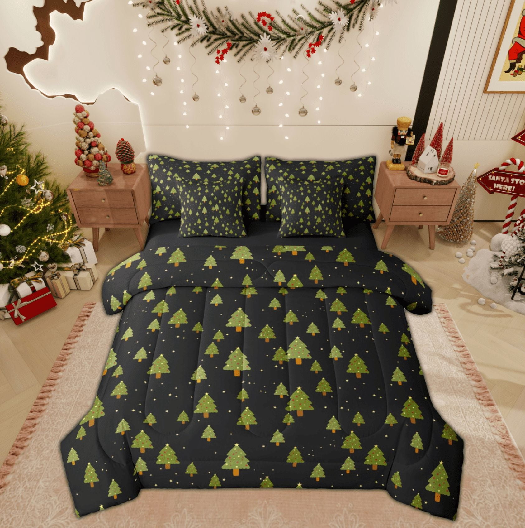 Feelyou Merry Christmas Twin Bedding Sets 7-Piece, Cartoon Green Tree ...