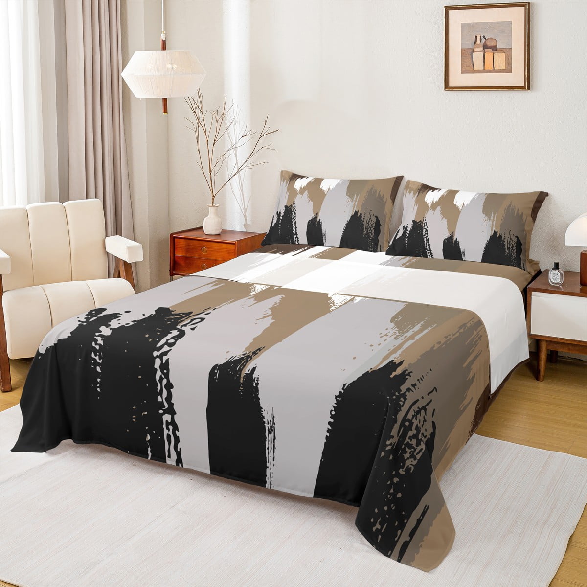 Feelyou Modern Abstract Art Bed Sheets, Black Brown Gray King Sheets ...
