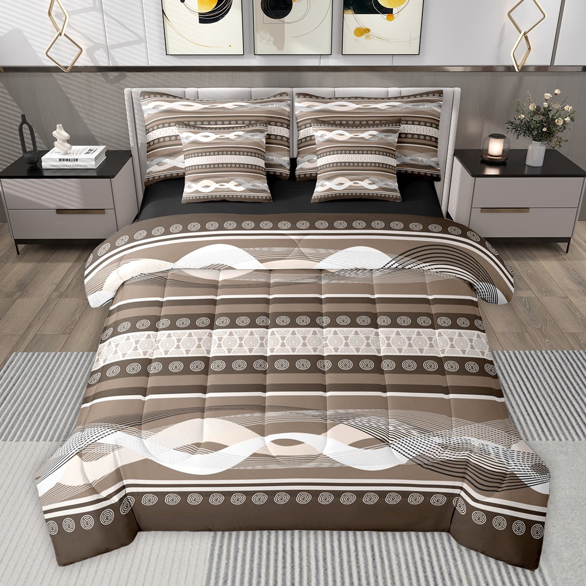 Feelyou Modern Boho Lines Bedding Comforter Set 7 Pieces for Men, Brown ...