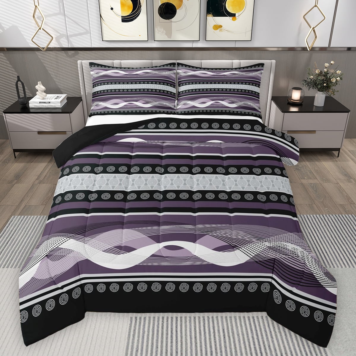 Feelyou Modern Boho Lines Bedding Comforter Set for Men, Purple Cycle ...