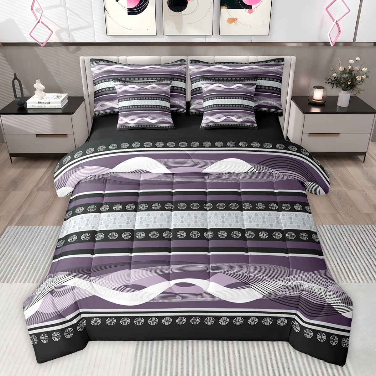 Feelyou Modern Boho Lines Twin Bedding Sets 7-Piece for Men, Purple ...