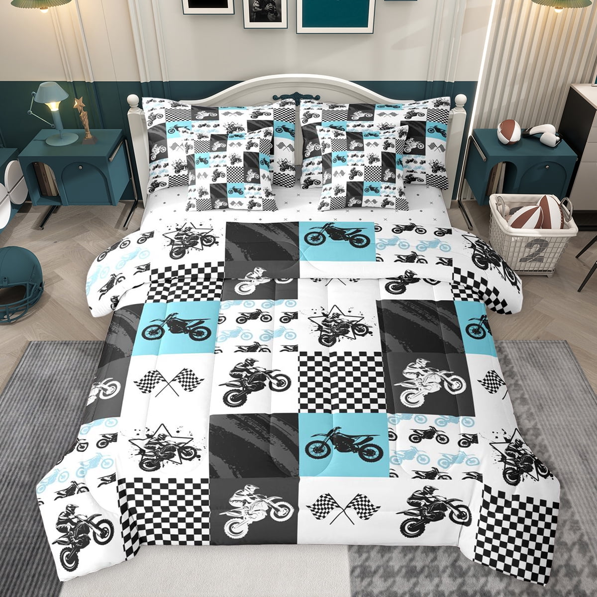 Feelyou Modern Dirt Bike Twin Bedding Sets 7-Piece for Boy, Extreme Motorcycle Bedding Comforter ...