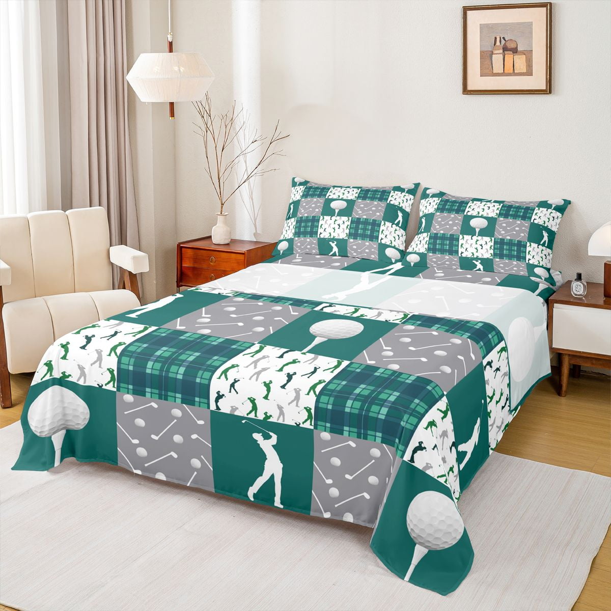 Feelyou Modern Golf Sport Full Size Sheets, Grey Green Patchwork Bed ...