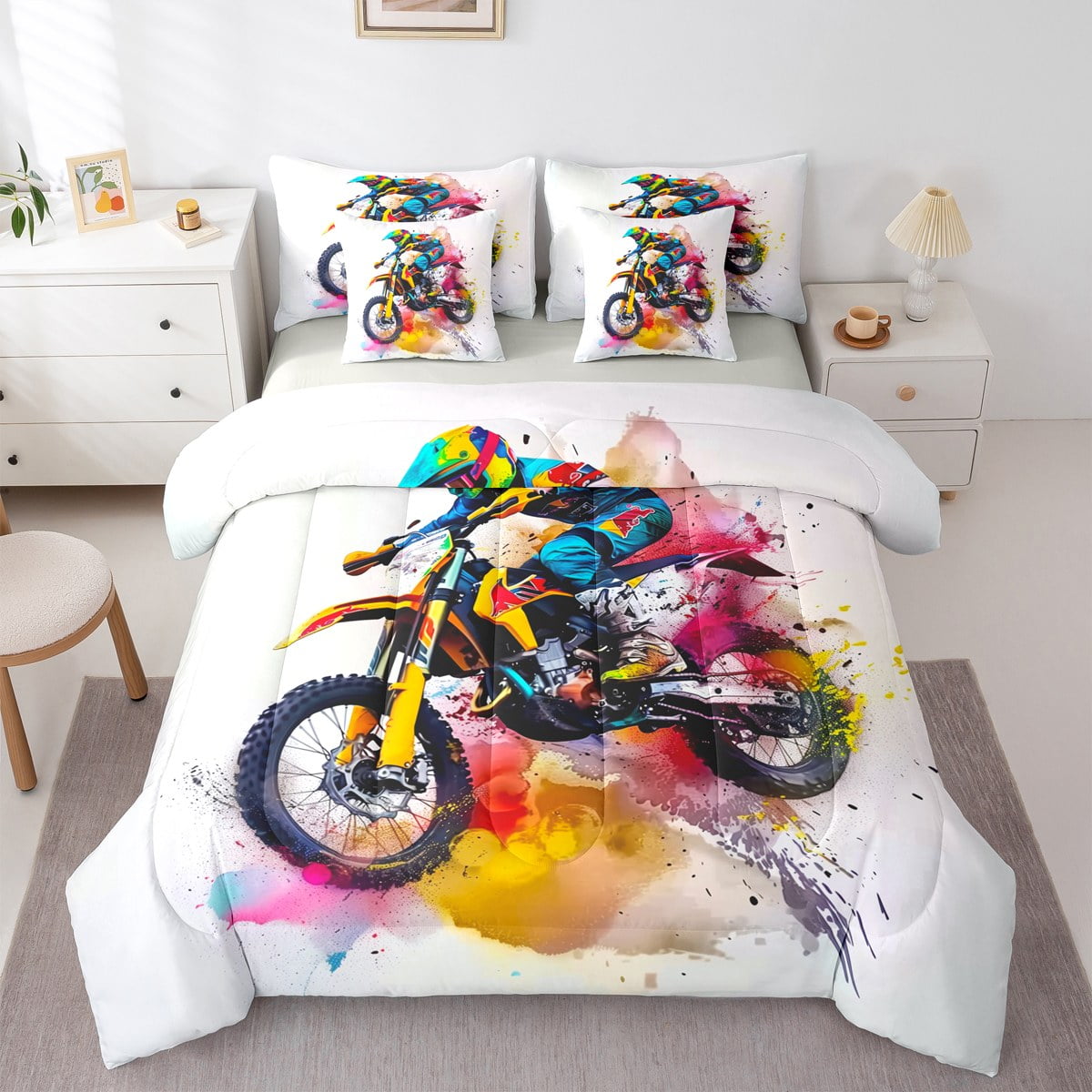 Feelyou Modern Motorcycle Print Bedding Comforter Set 7-Piece ...