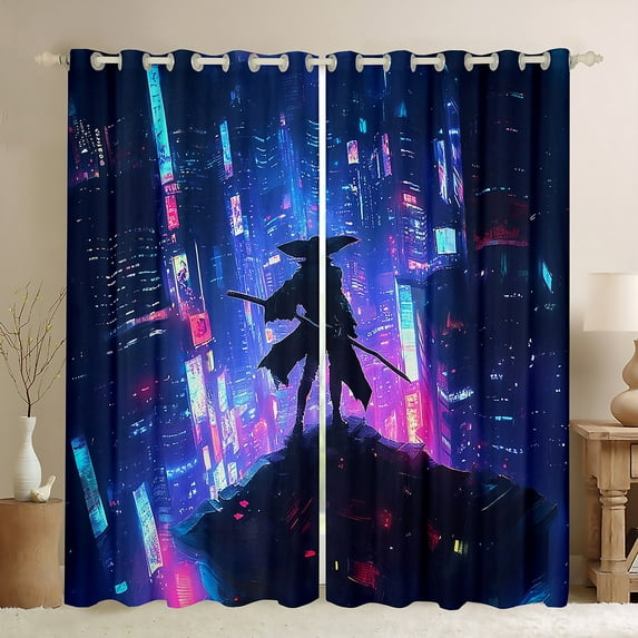 Feelyou Modern Tokyo Samurai Black Out Curtains, Japanese City Scenes ...