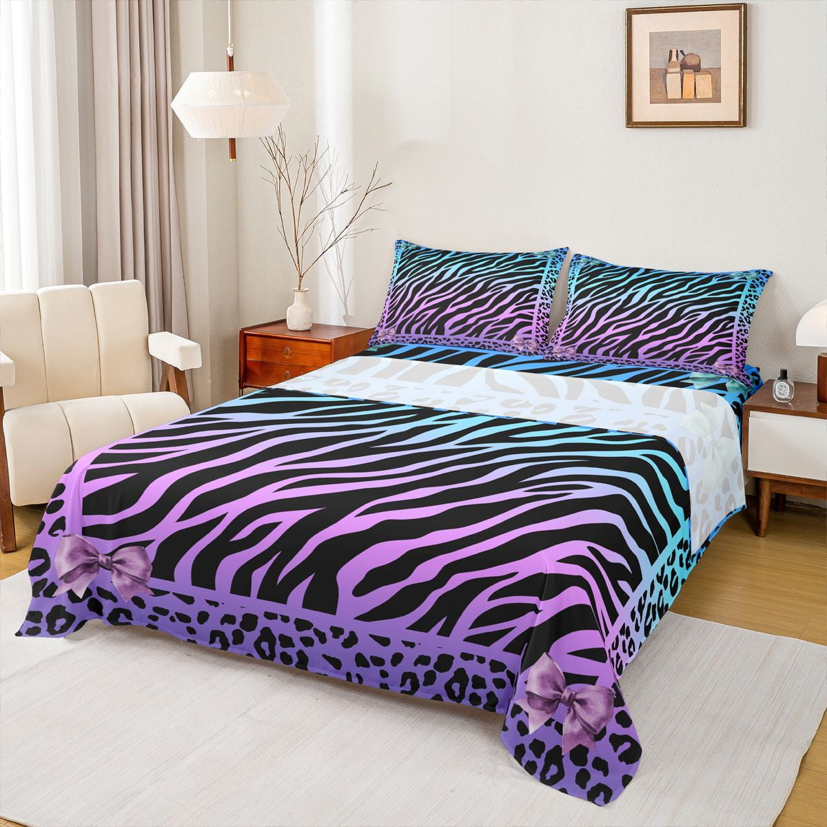 Feelyou Modern Zebra Print Bed Sheets for Teen, Blue Purple Bowknot ...