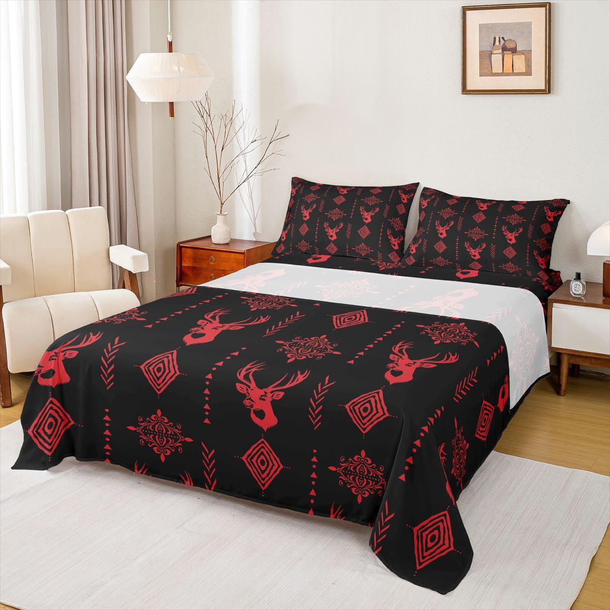 Feelyou Moose Elk Teens Queen Sheet Sets, Damask Aztec Triangle Bed Set ...