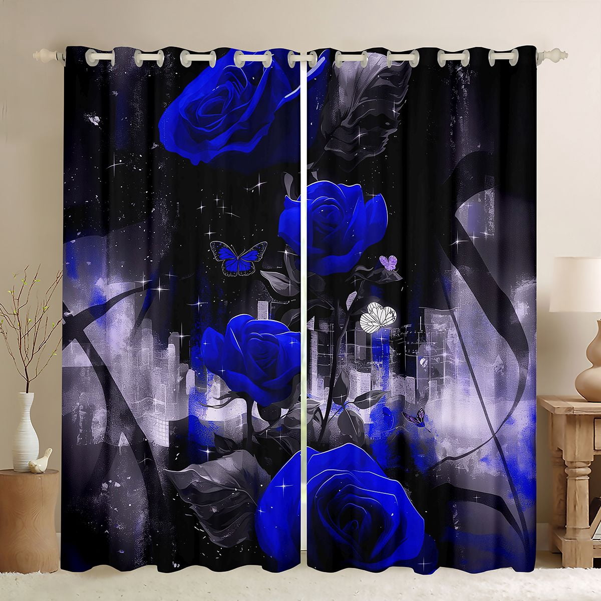Feelyou Mystic Blue Rose Blackout Curtains Set of 2 (52x84 Each) for ...